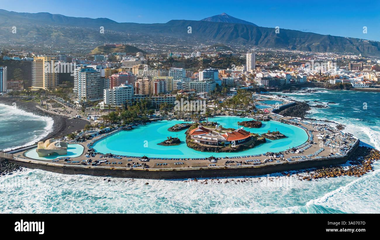 Aerial view of Costa Martiánez, a complex of waterfront swimming pools ...