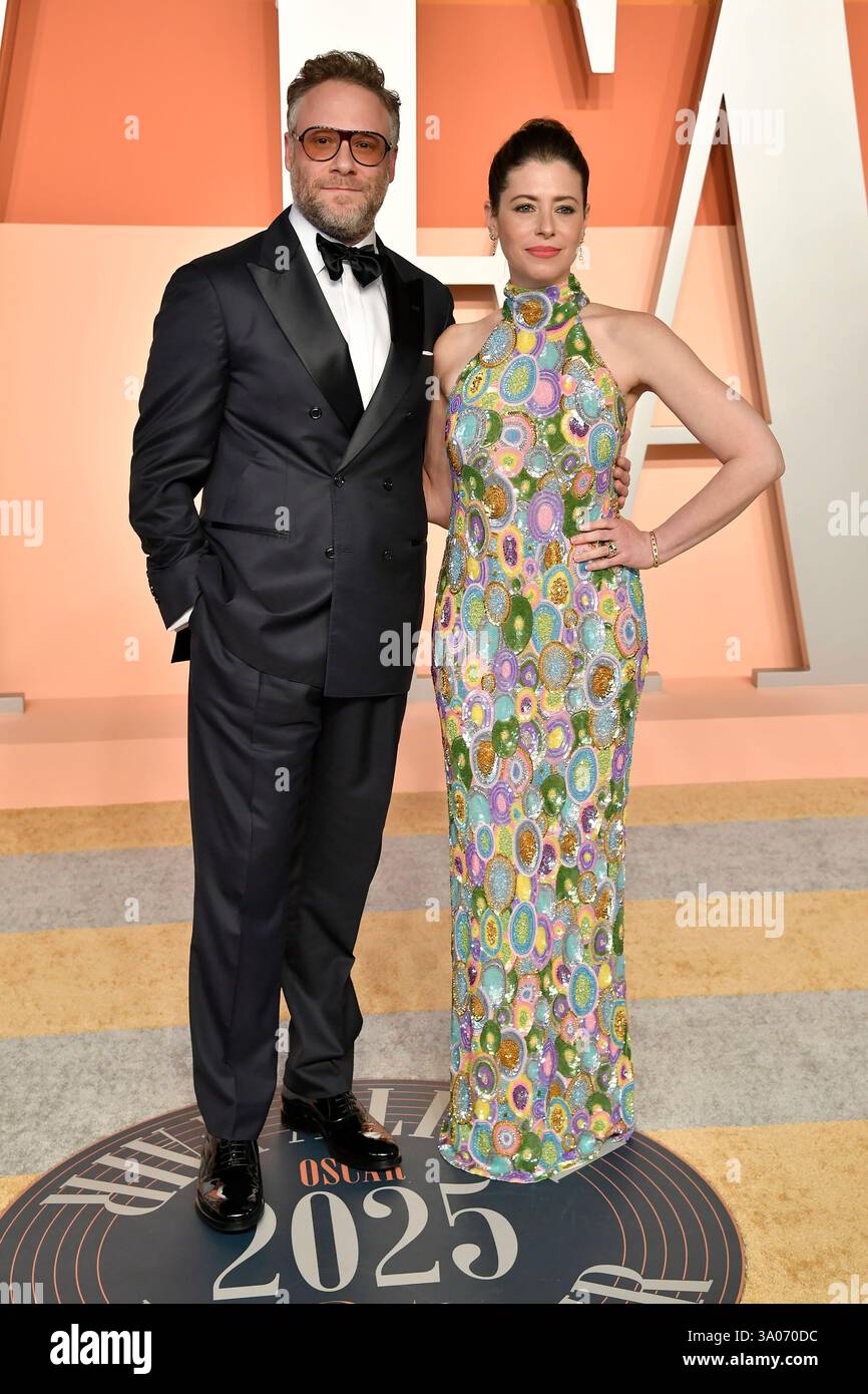 Seth Rogan and Lauren Miller arrive at the Vanity Fair Oscar Party on ...