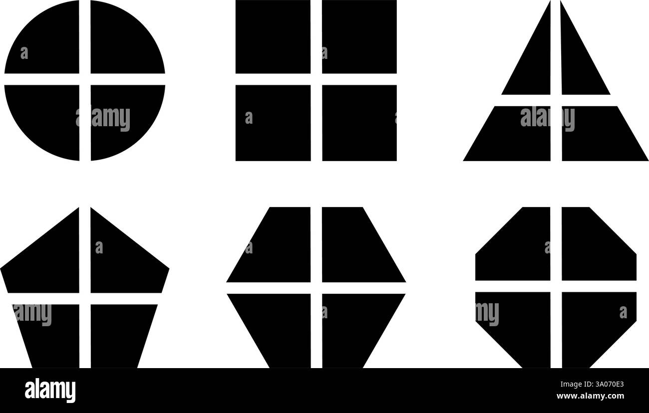 Geometric shapes divided into 4 fractions. Round, square and triangle ...