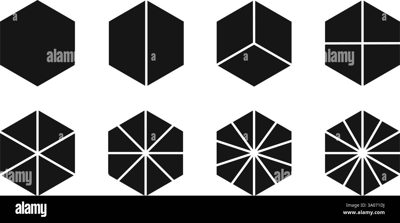 Hexagon shapes cutting in equal parts. Geometric shapes with 6 borders ...