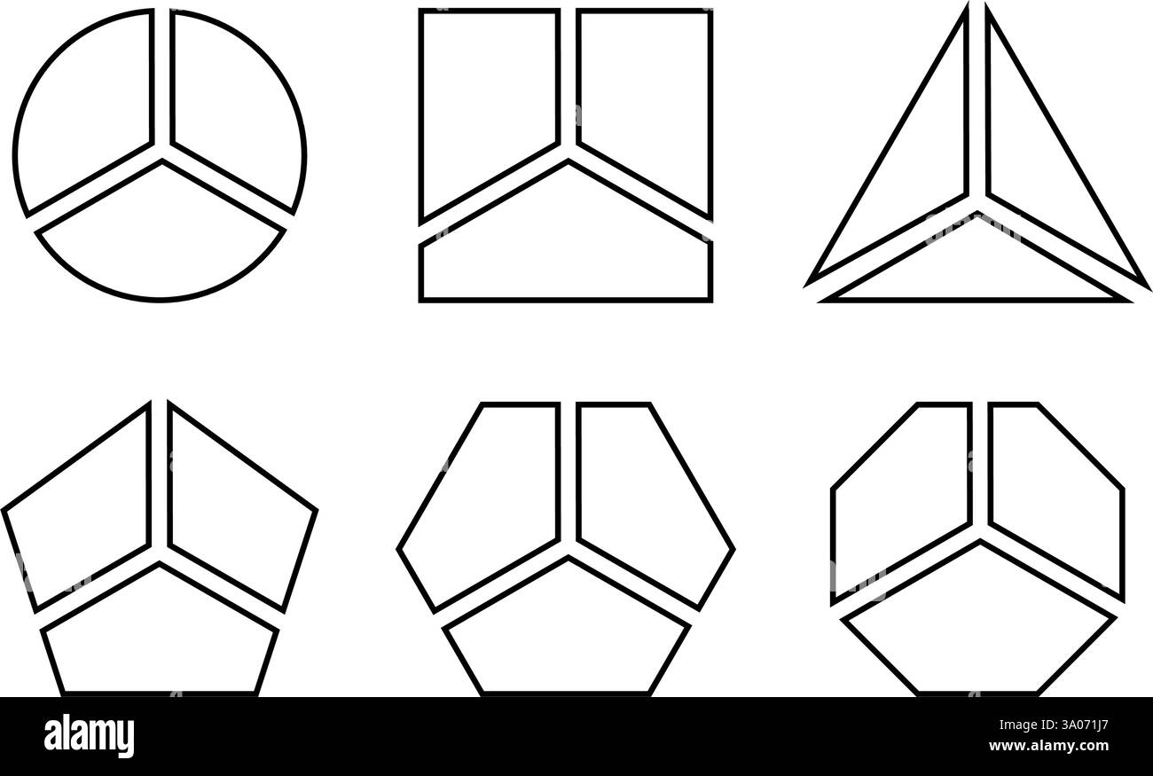 Geometric shapes divided into 3 sectors. Round, square and triangle ...