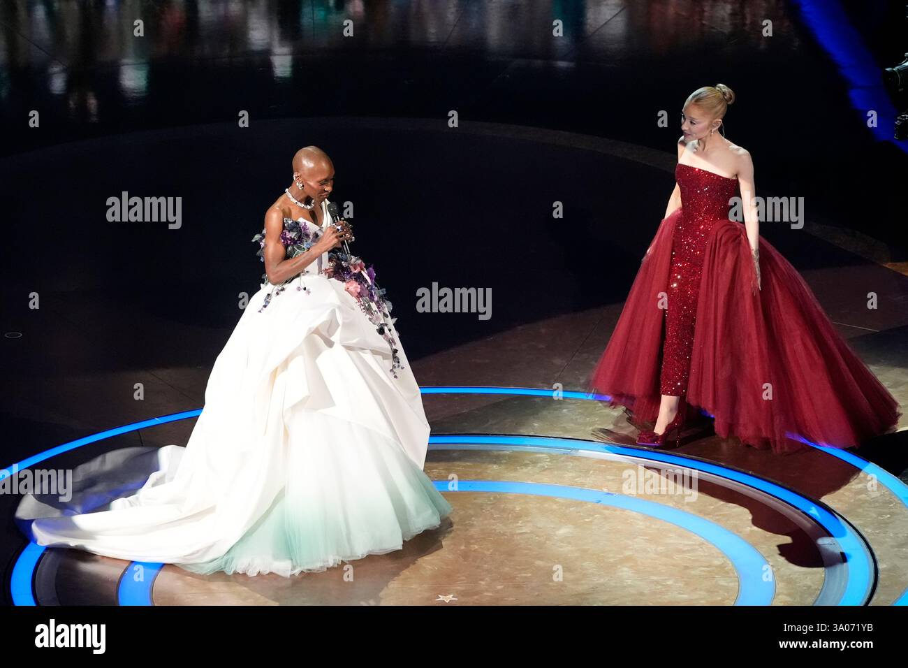 Cynthia Erivo, left, and Ariana Grande perform "Defying Gravity" during ...
