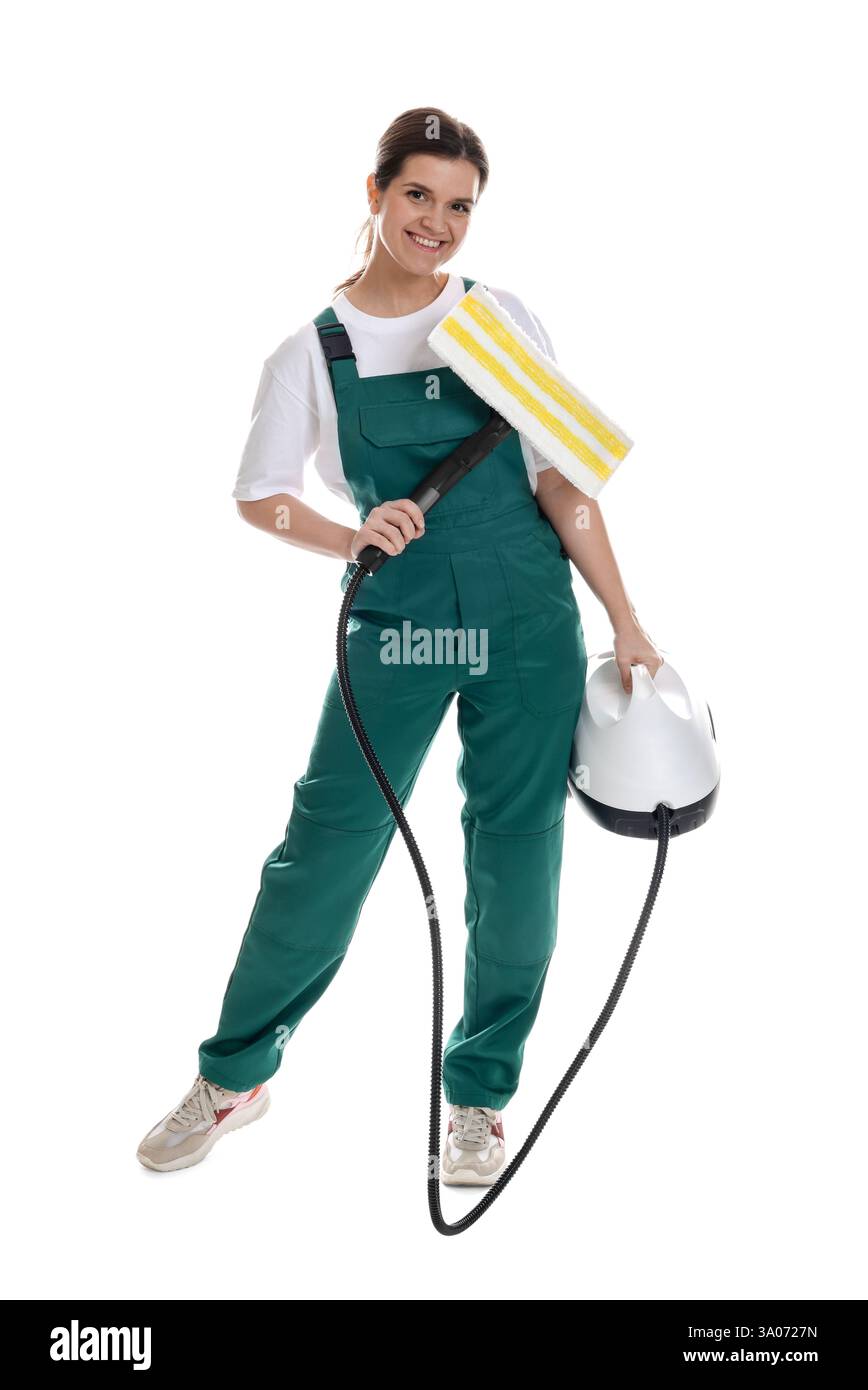 Smiling cleaning service worker with steam cleaner on white background ...