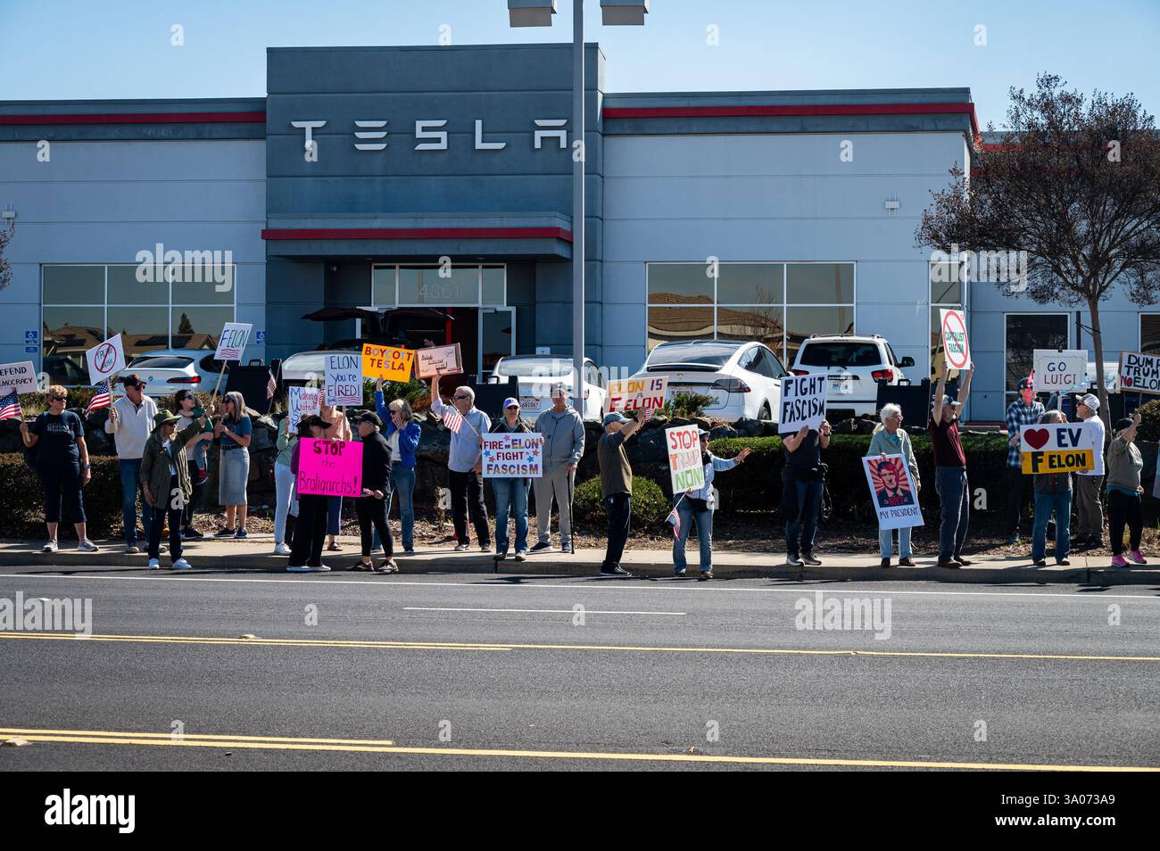 Protesters wave signs like Fight Fascism, Fire Elon and Stop the ...