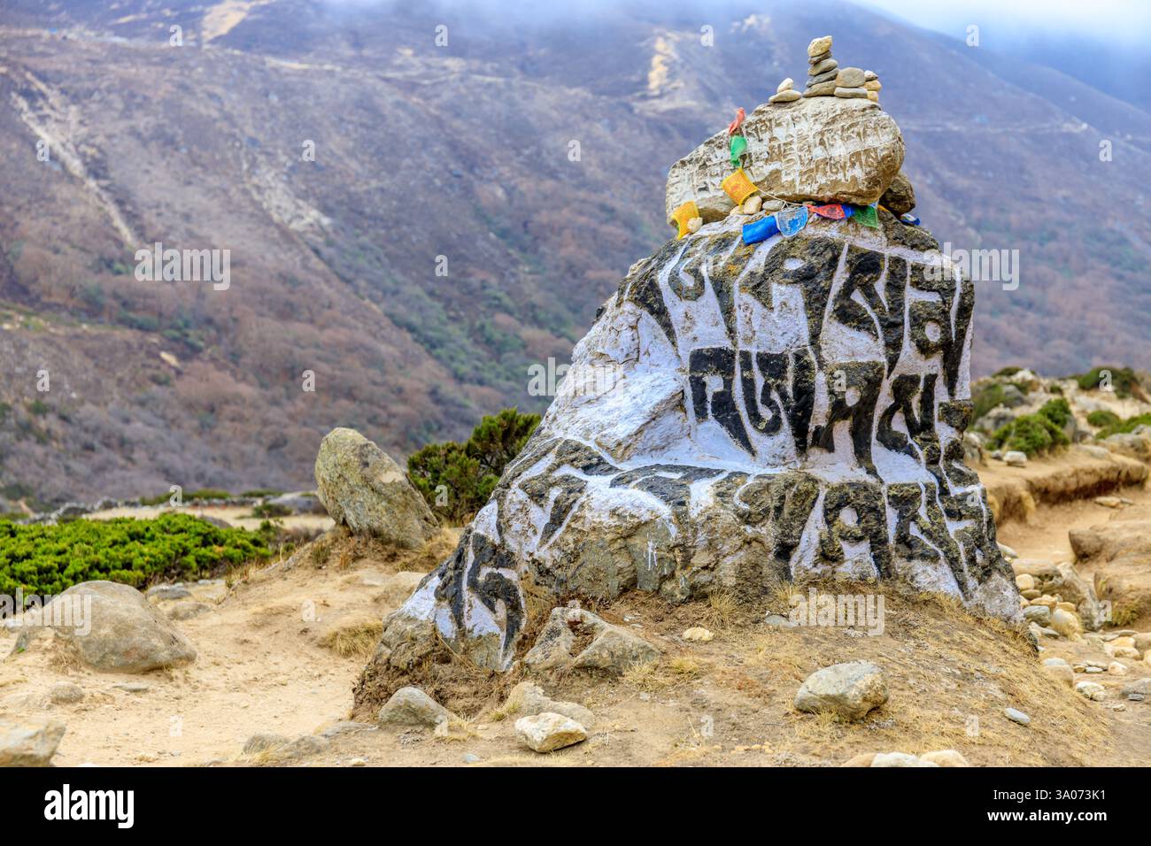 Mani stones sacred religious symbols carved on the huge rocks along the ...