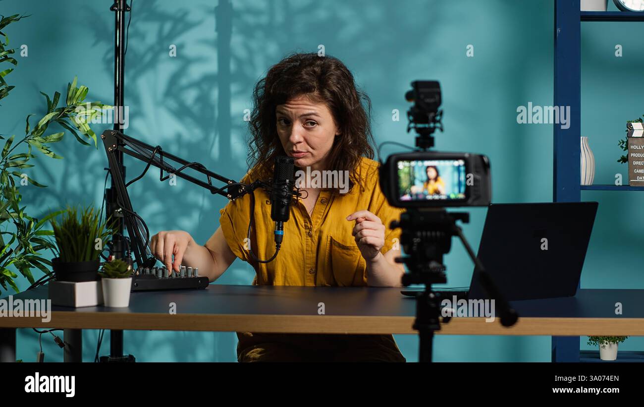 Content creator doing relaxing ASMR type of video for fans, recording ...