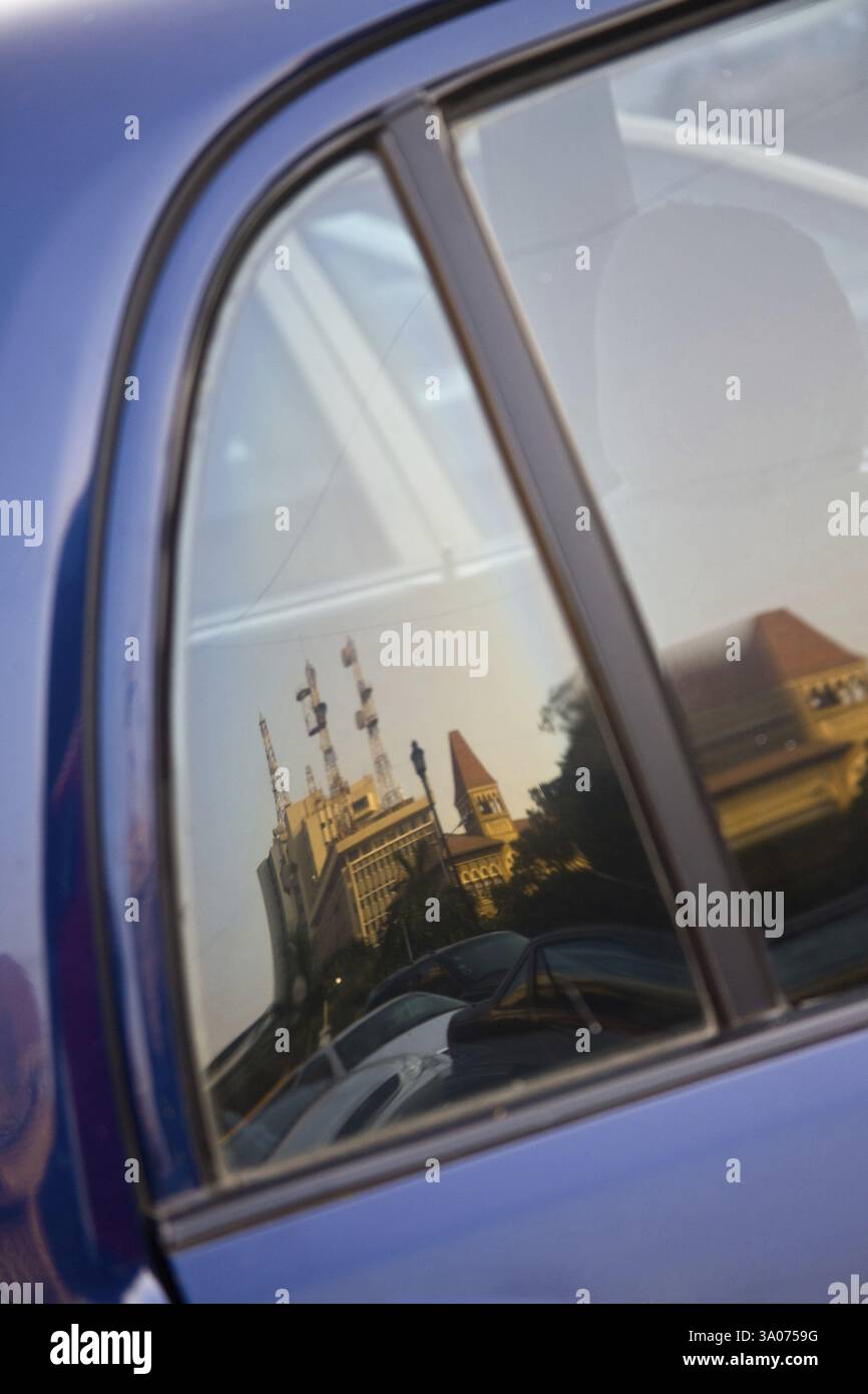 Central telegraph office reflection on car window glass, Bombay Mumbai ...