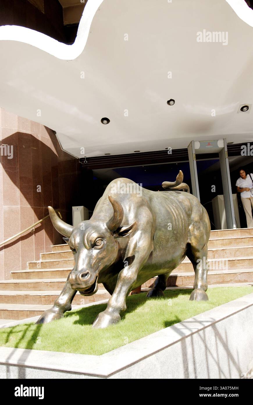 Stock exchange building, statue of bull, Fort, Bombay Mumbai ...