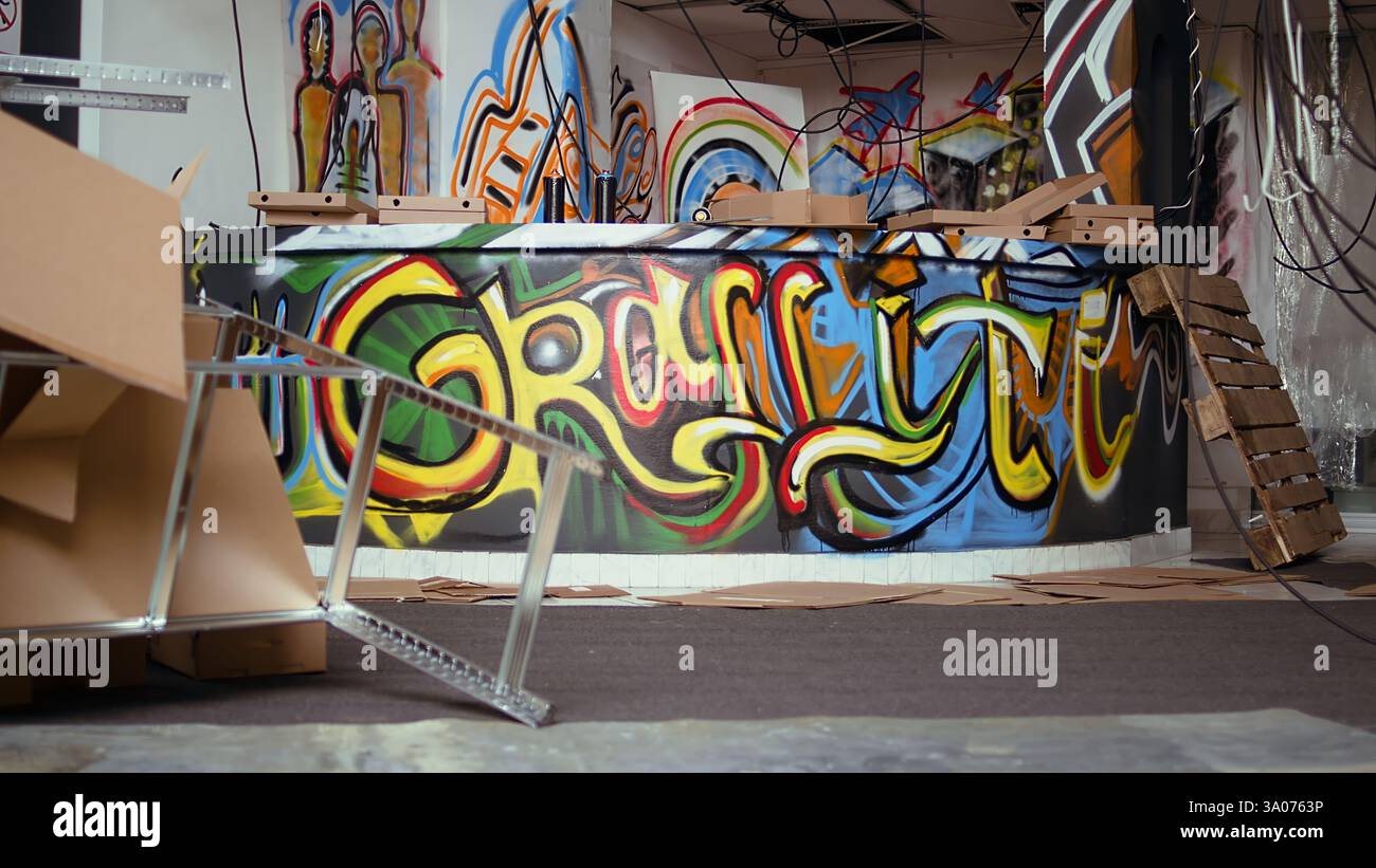 Empty vandalized property with graffiti paintings on walls, concept of ...