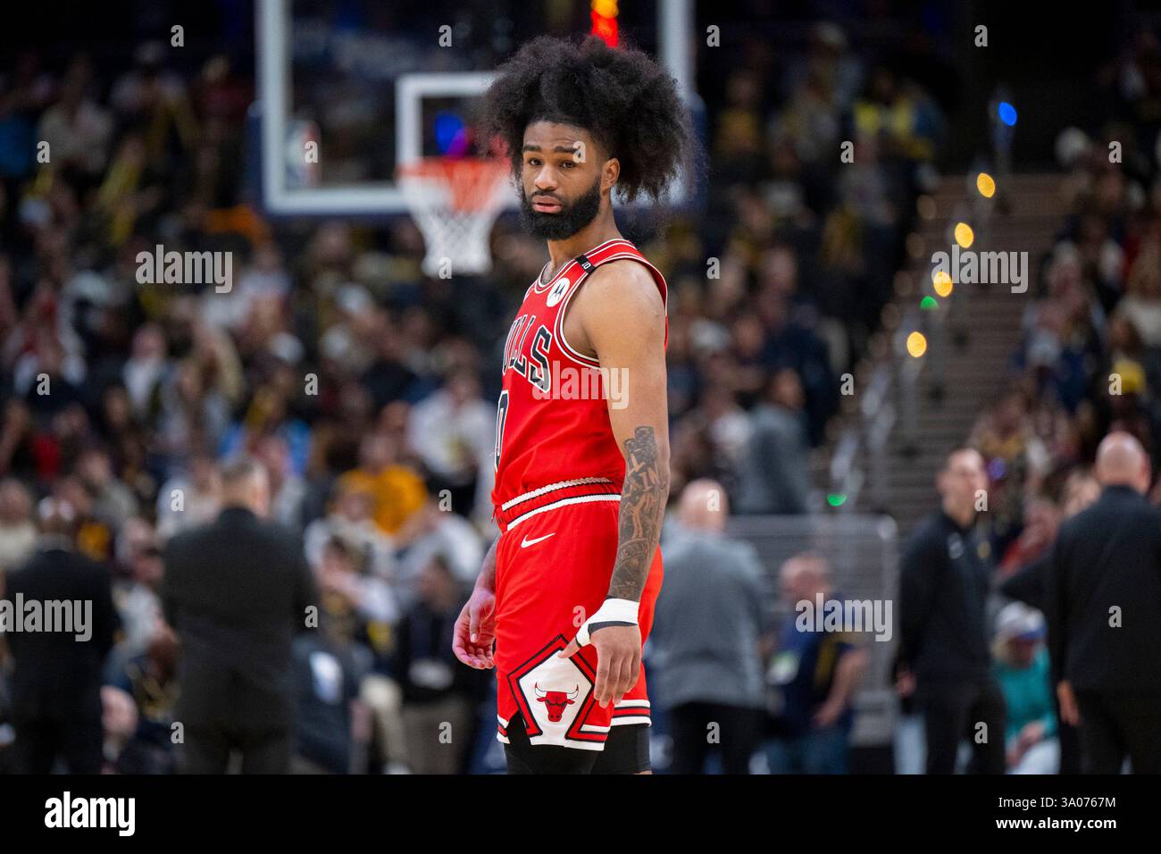 Chicago Bulls guard Coby White waits for play to resume during the ...