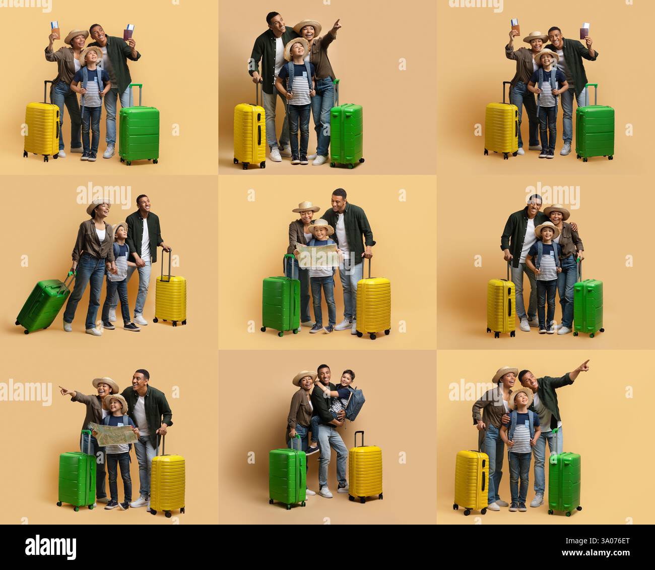 Family enjoys a fun travel adventure with colorful luggage Stock Photo ...