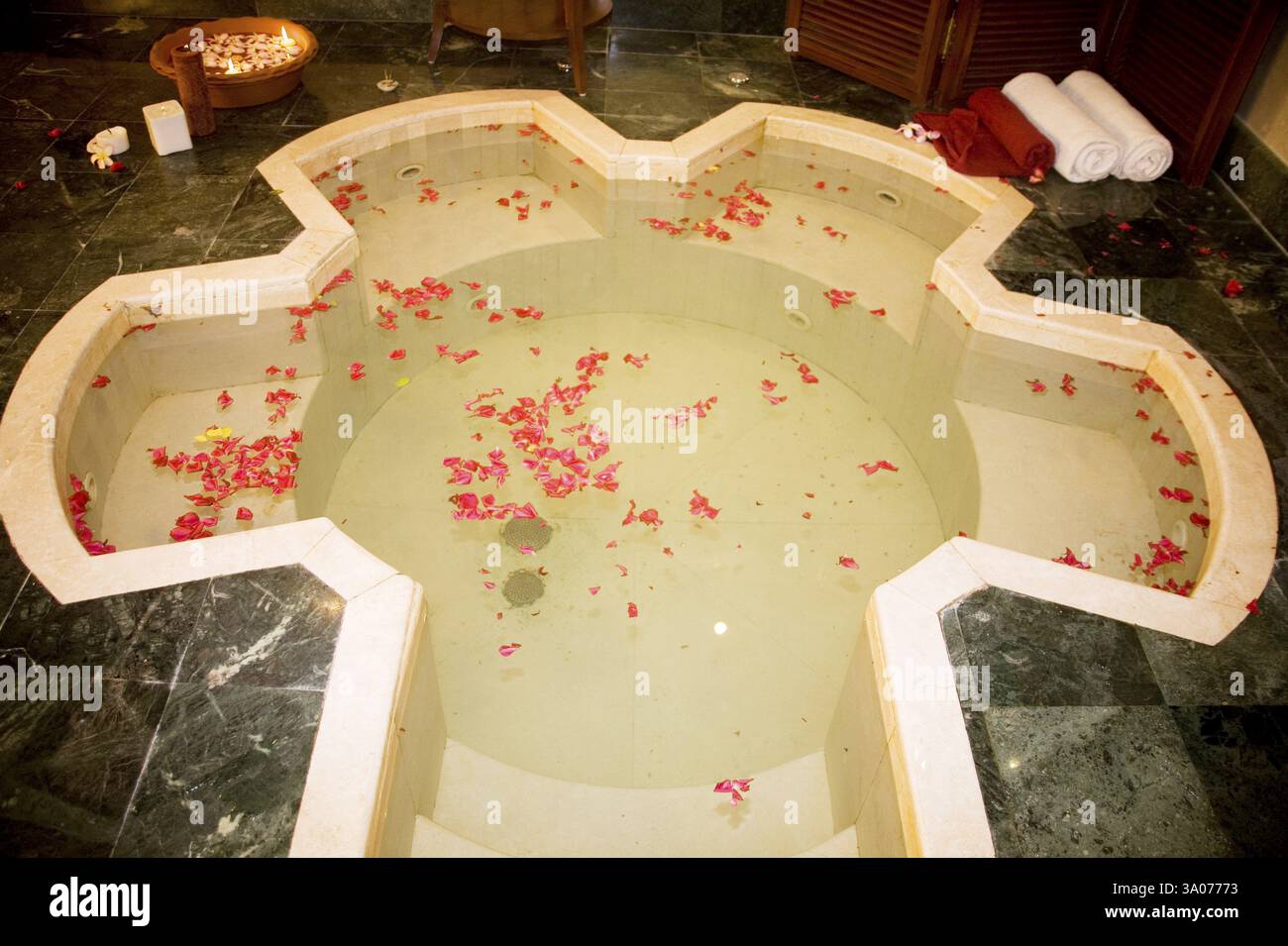 Rose petals floating on water in floral pattern pool in Spa, Palolem ...