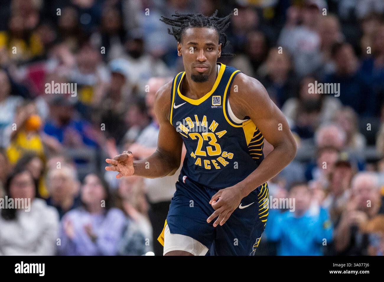 Indiana Pacers forward Aaron Nesmith reacts after scoring a 3-point ...
