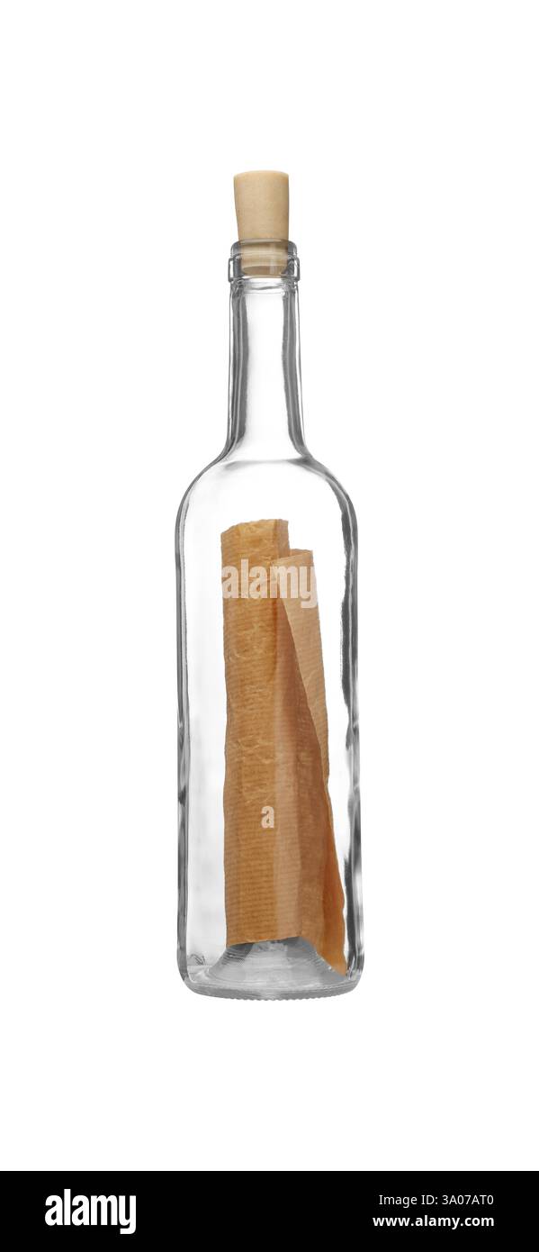 Corked glass bottle with rolled letter isolated on white Stock Photo ...