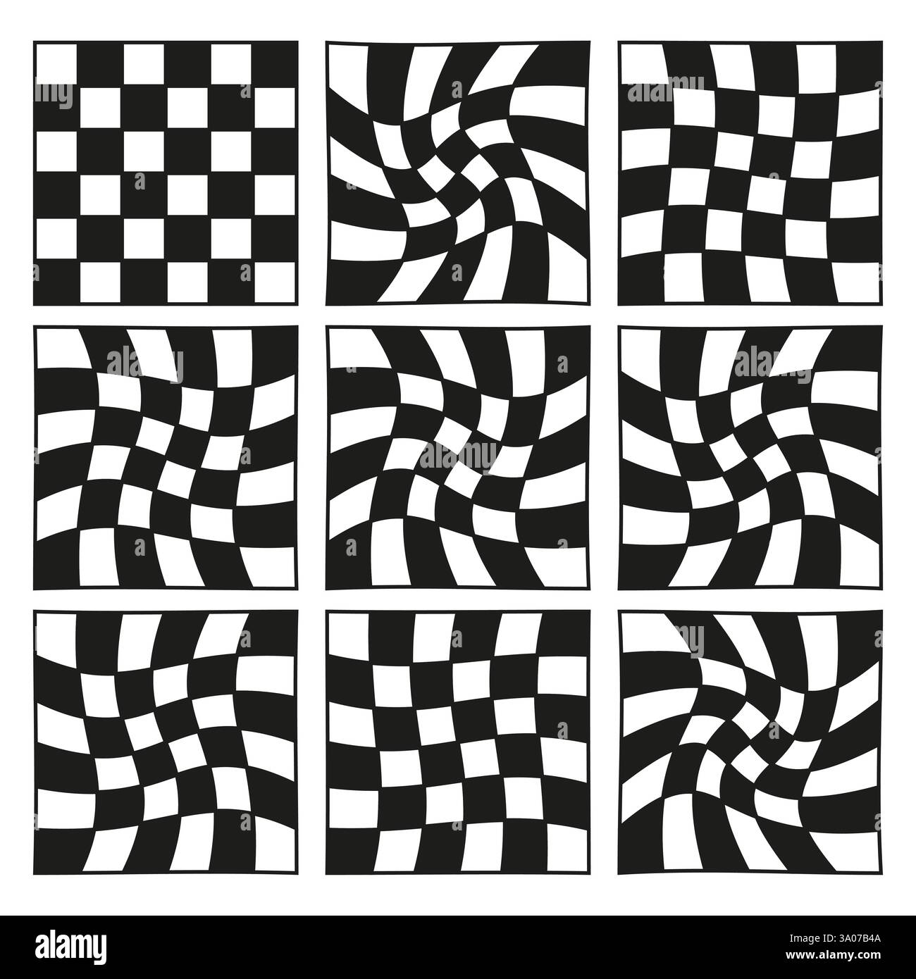Black white checkerboard. Optical illusion pattern. Wavy checkered texture. Abstract geometric ...