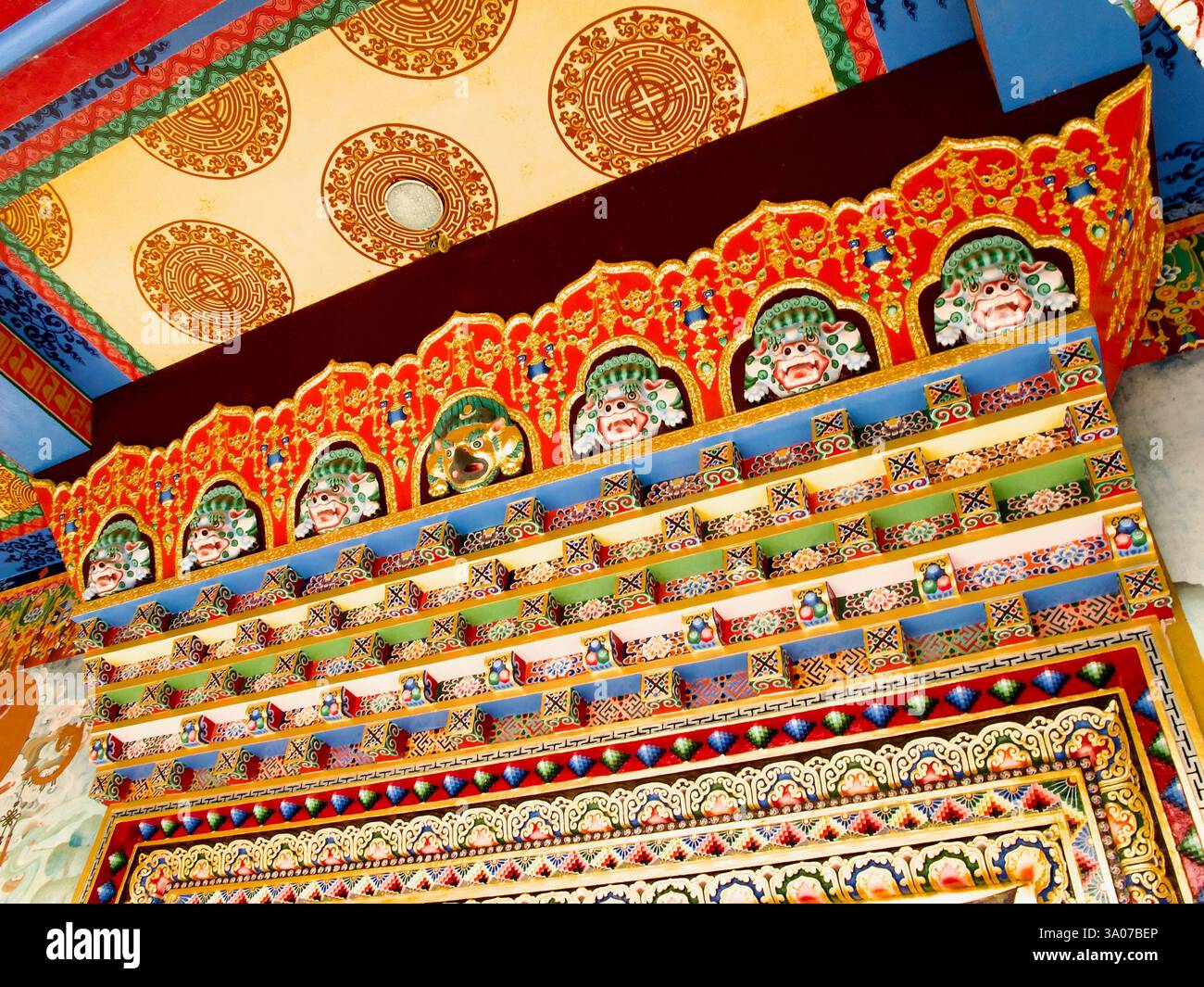 Intricately decorated interior of Tergar Monastery in Bodh Gaya, Bihar ...