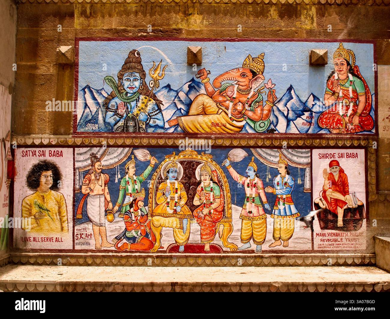 A large mural at the ghats of Varanasi depicting Hindu deities ...