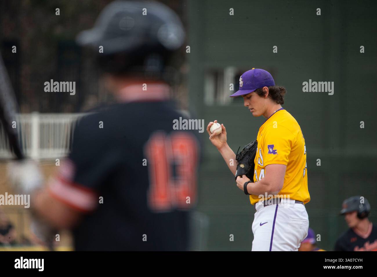 Frisco, Texas, USA. 2nd Mar, 2025. LSU pitcher CHASE SHORES (34) steps ...