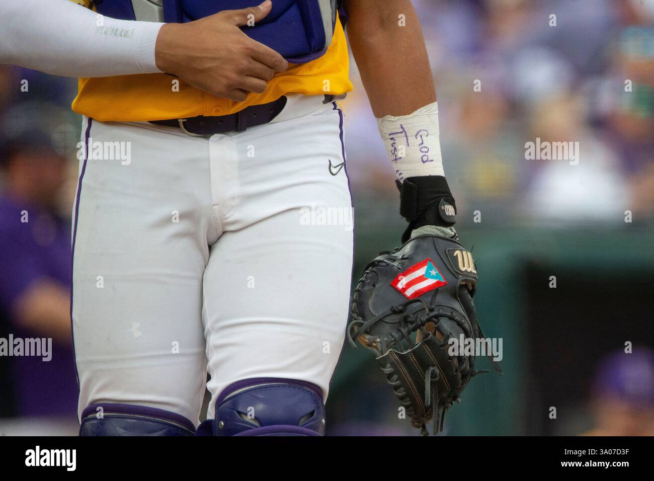 March 2, 2025, Frisco, Texas, USA: A detailed shot of LSU catcher LUIS ...