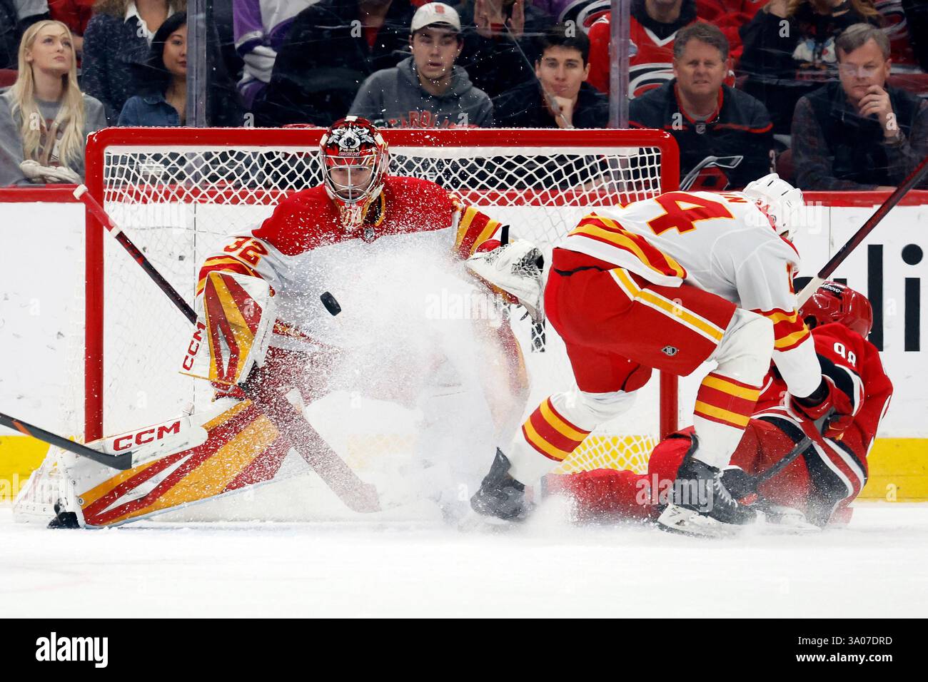 Carolina Hurricanes' Jack Roslovic has his shot blocked by Calgary ...