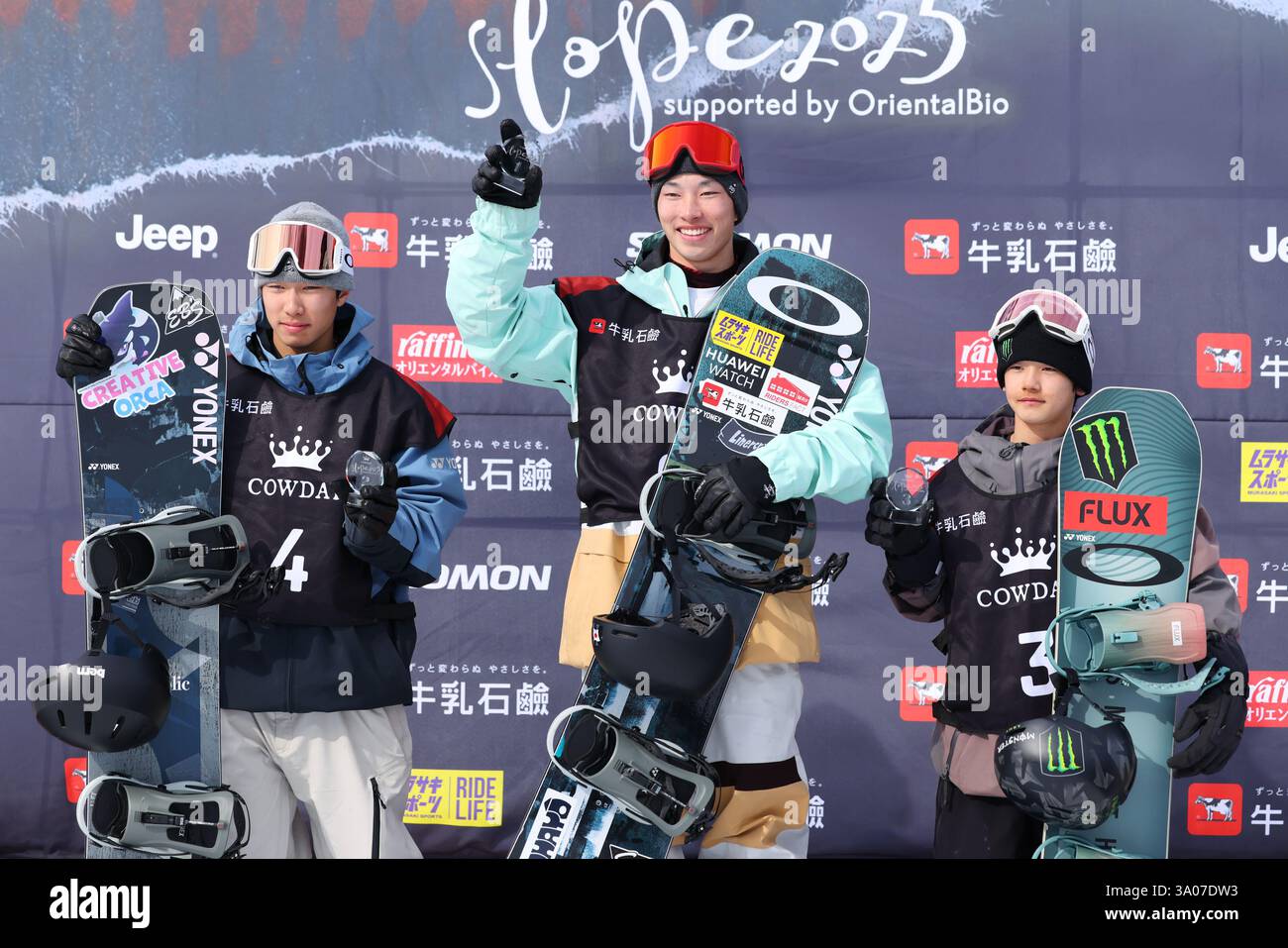 Nagano, Japan. 1st Mar, 2025. (L to R) Yuto Kimura, Kira Kimura, Hiromu Watanabe Snowboarding ...