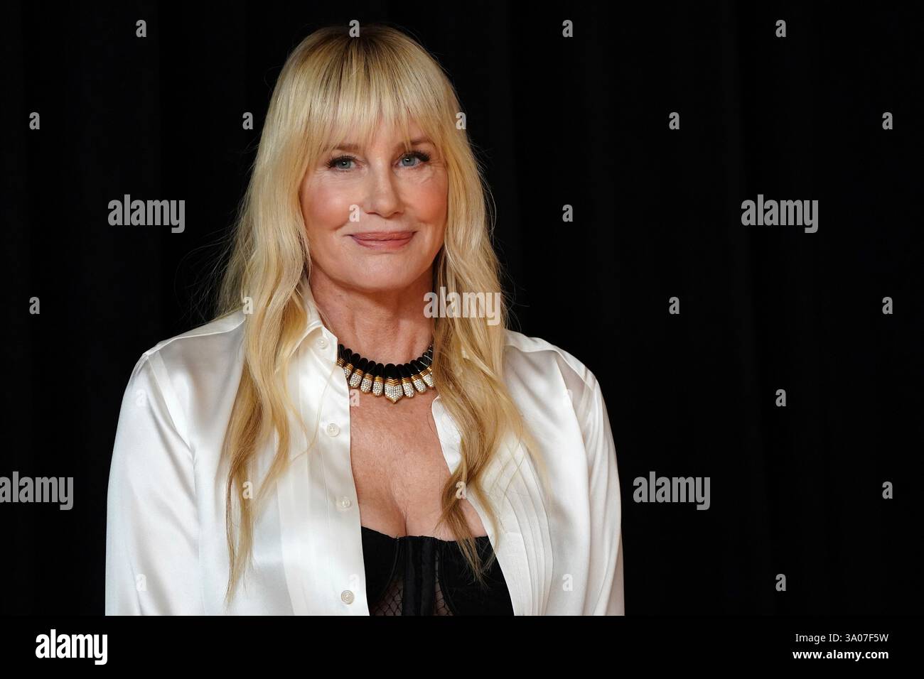 Daryl Hannah poses in the press room at the Oscars on Sunday, March 2, 2025, at the Dolby ...