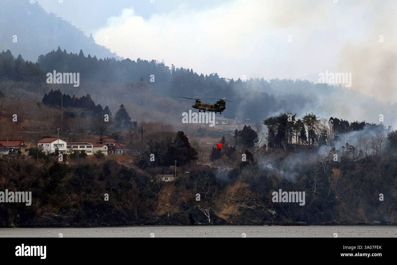 A photo shows a forest fire spreading to a village and firefighting ...