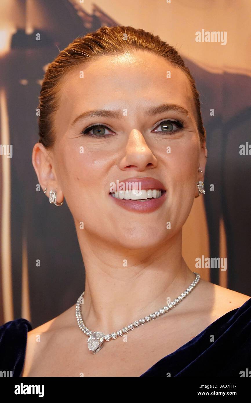 Scarlett Johansson poses in the press room at the Oscars on Sunday, March 2, 2025, at the Dolby ...