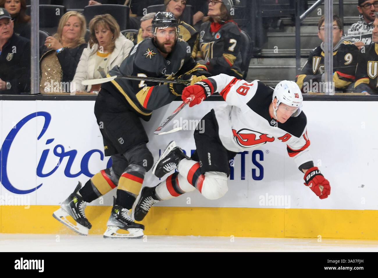 Vegas Golden Knights defenseman Alex Pietrangelo (7) checks New Jersey ...
