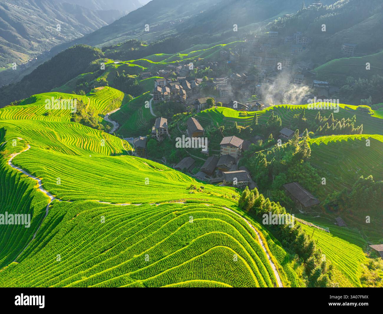 The aerial photo of the slopes of the Longji rice terraces in Longsheng ...