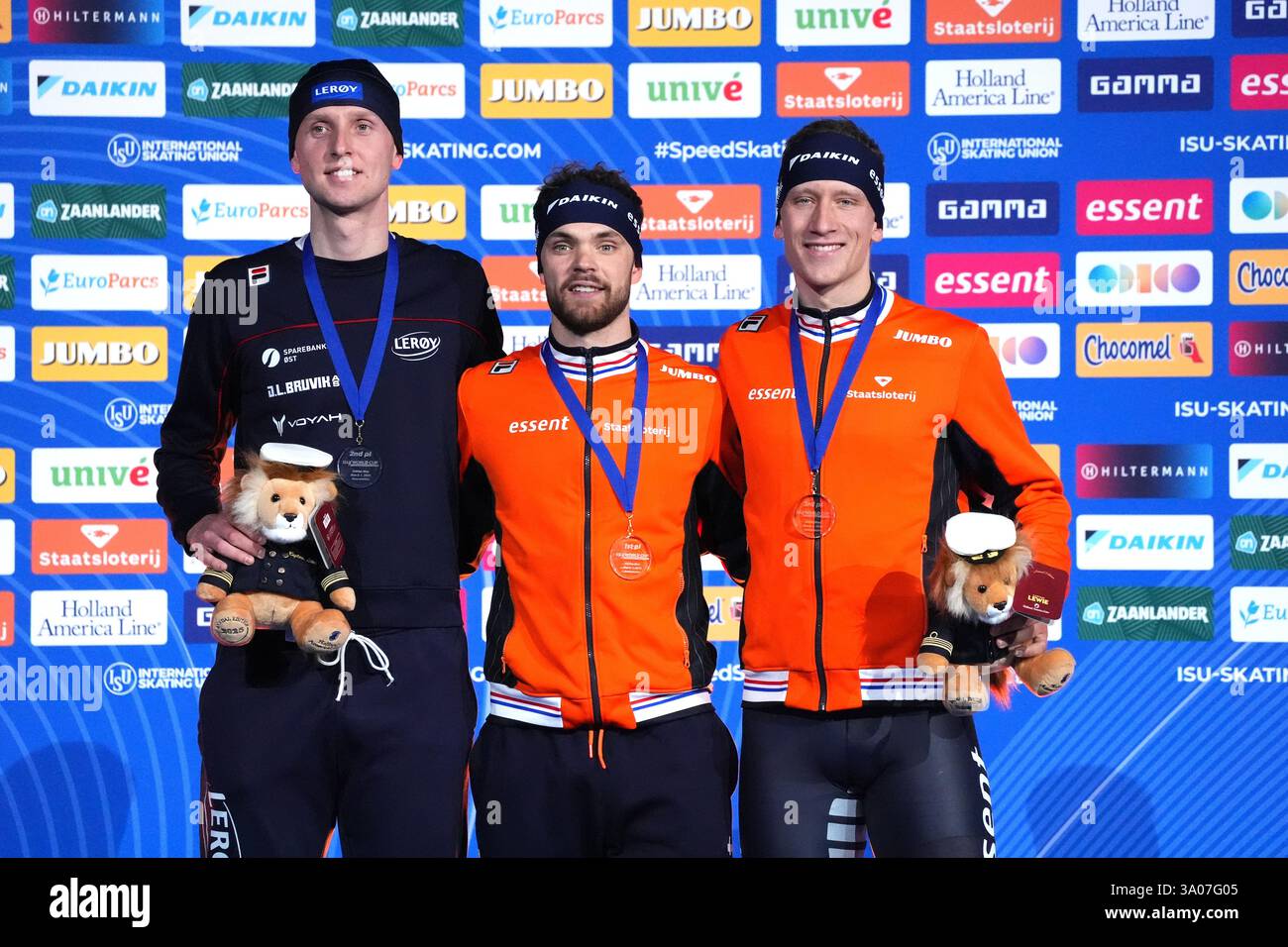 Ceremony l-r Sander Eitrem (NOR) Chris Huizinga (NED) and Beau Snellink ...