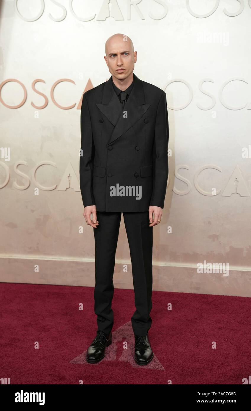 Daniel Blumberg arrives at the Oscars on Sunday, March 2, 2025, at the Dolby Theatre in Los ...