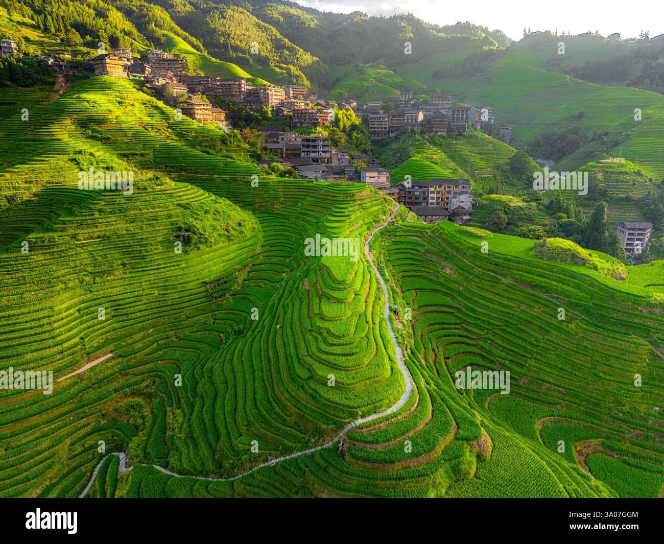 The Longji Rice Terraces in Longsheng China, Drone view of Ping An ...