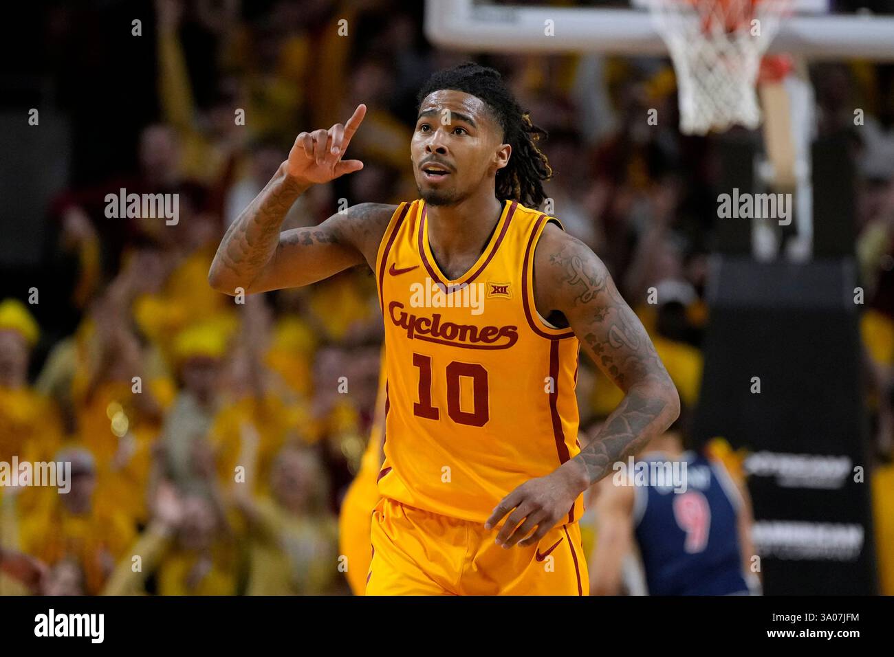 Iowa State guard Keshon Gilbert reacts after making a three-point ...