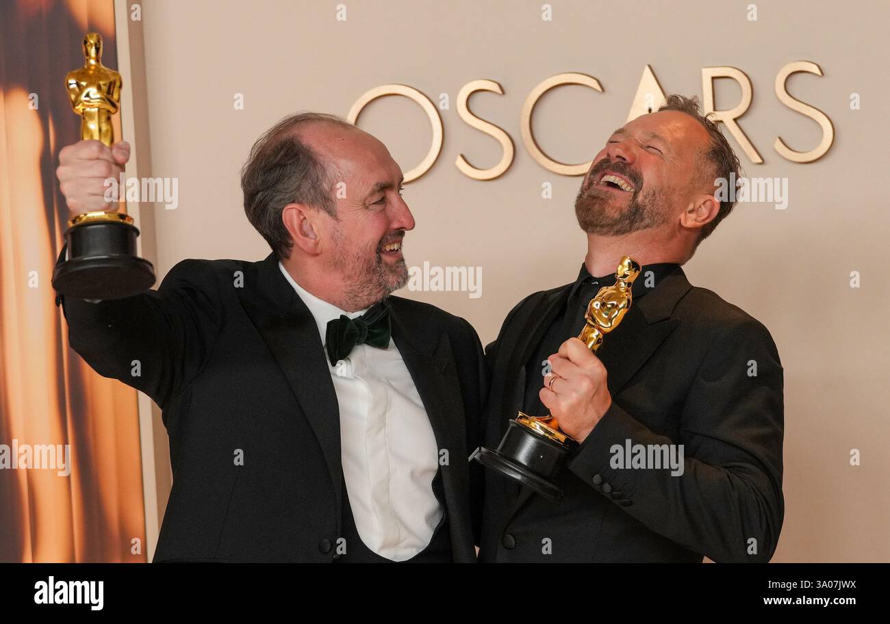 Nathan Crowley and Lee Sandales of "Wicked" celebrate backstage after ...