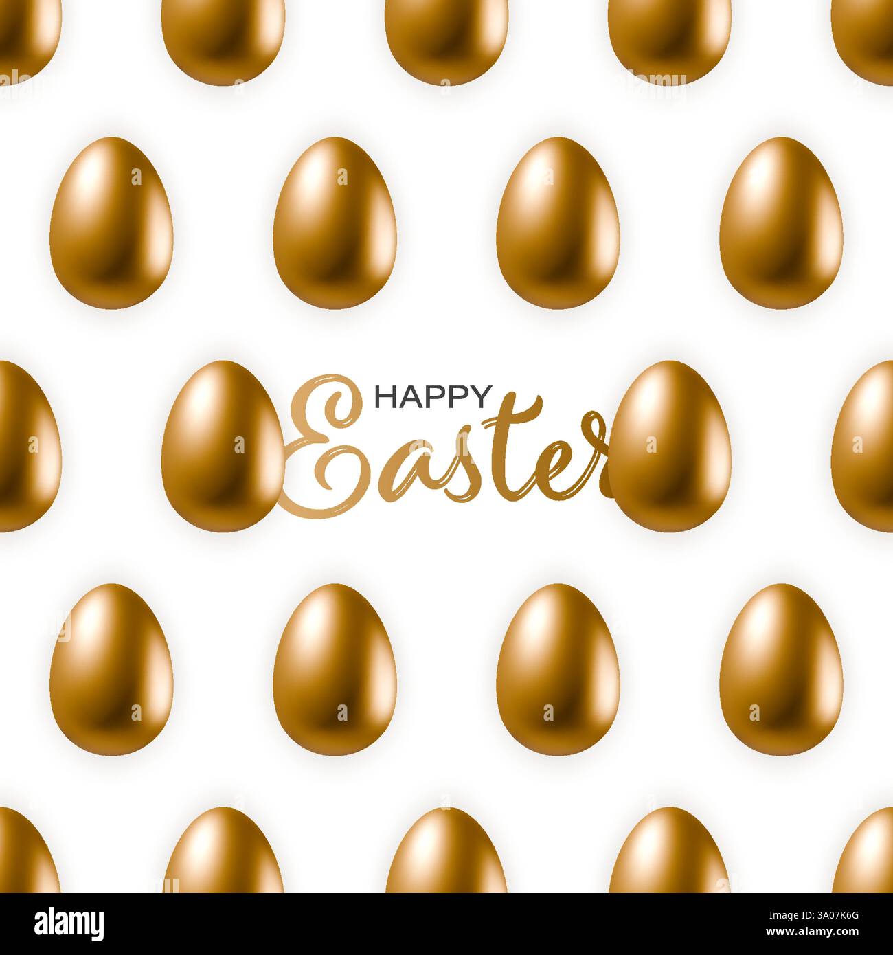 Happy Easter golden eggs seamless pattern isolated on white background. 3d realistic gold egg ...