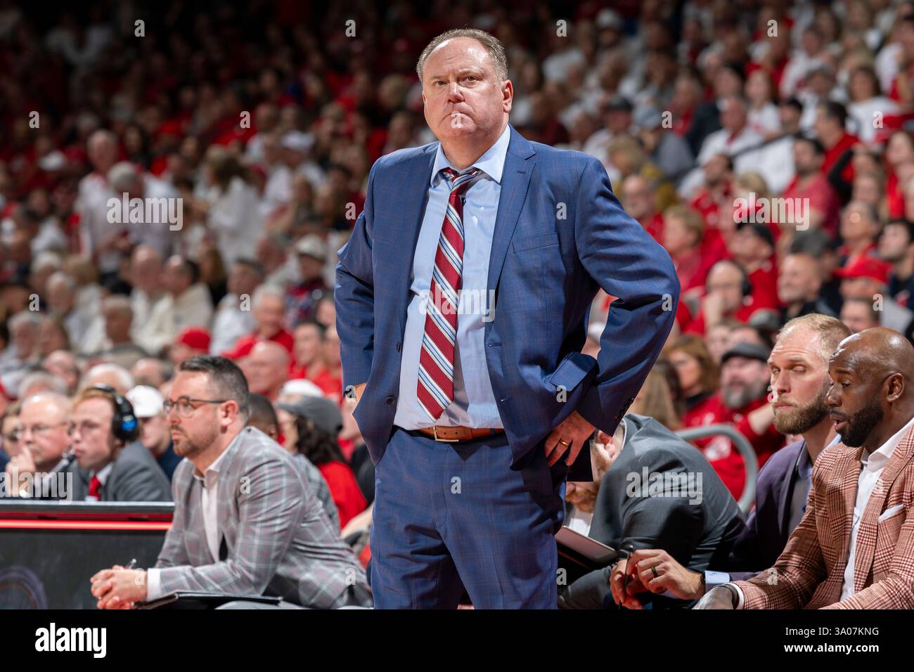 Wisconsin Badgers Head Coach Greg Gard Looks On During An Ncaa College