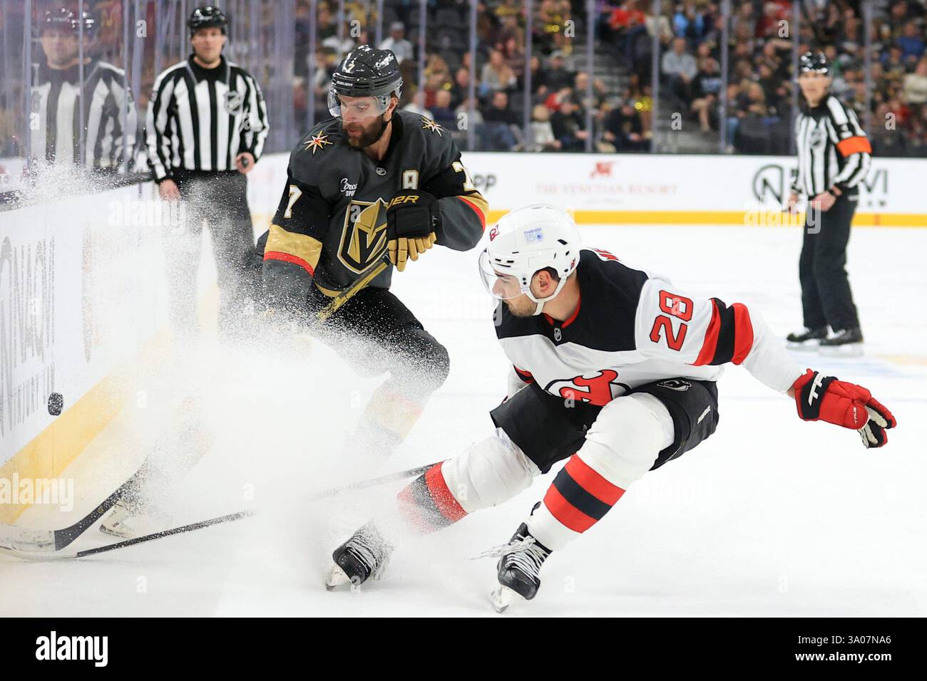 New Jersey Devils right wing Timo Meier (28) pressures Vegas Golden ...