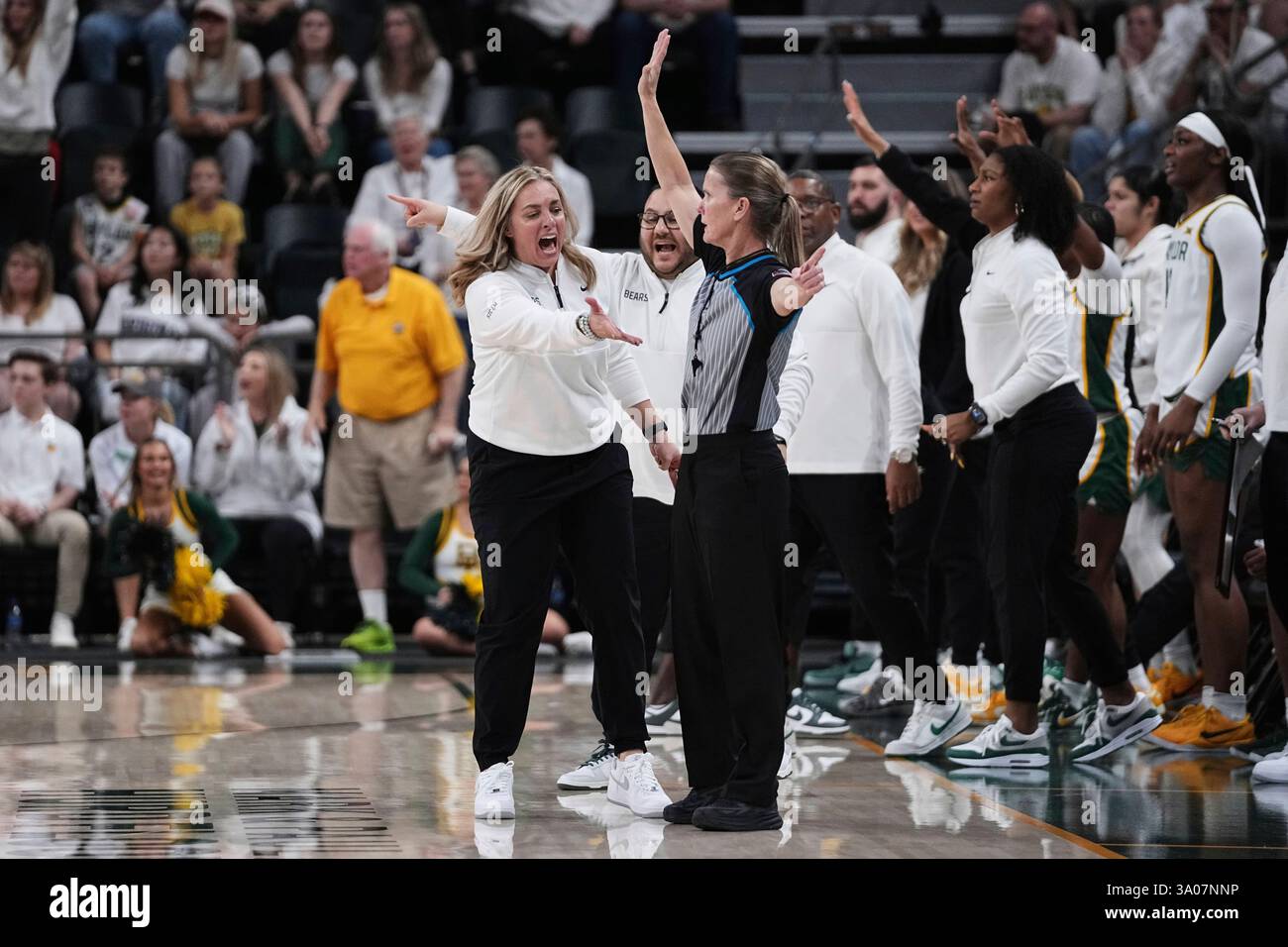 Baylor head basketball coach Nicki Collen, center left, argues with an ...
