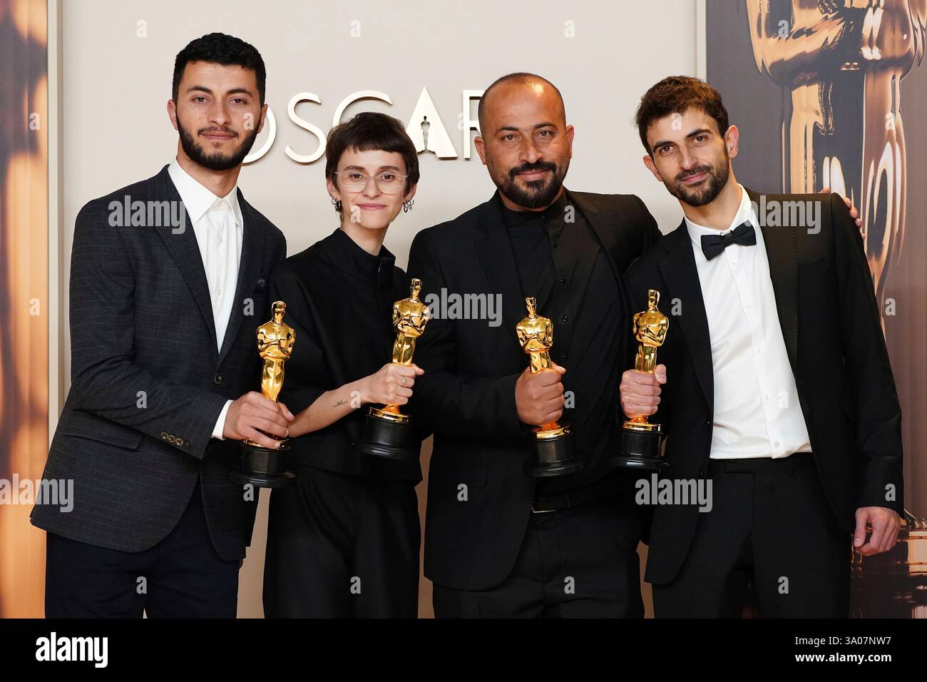 Basel Adra, from left, Rachel Szor, Hamdan Ballal, and Yuval Abraham ...