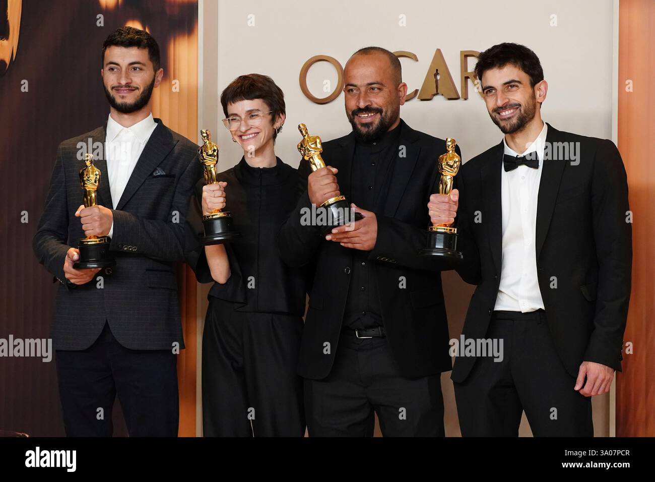 Basel Adra, from left, Rachel Szor, Hamdan Ballal, and Yuval Abraham ...