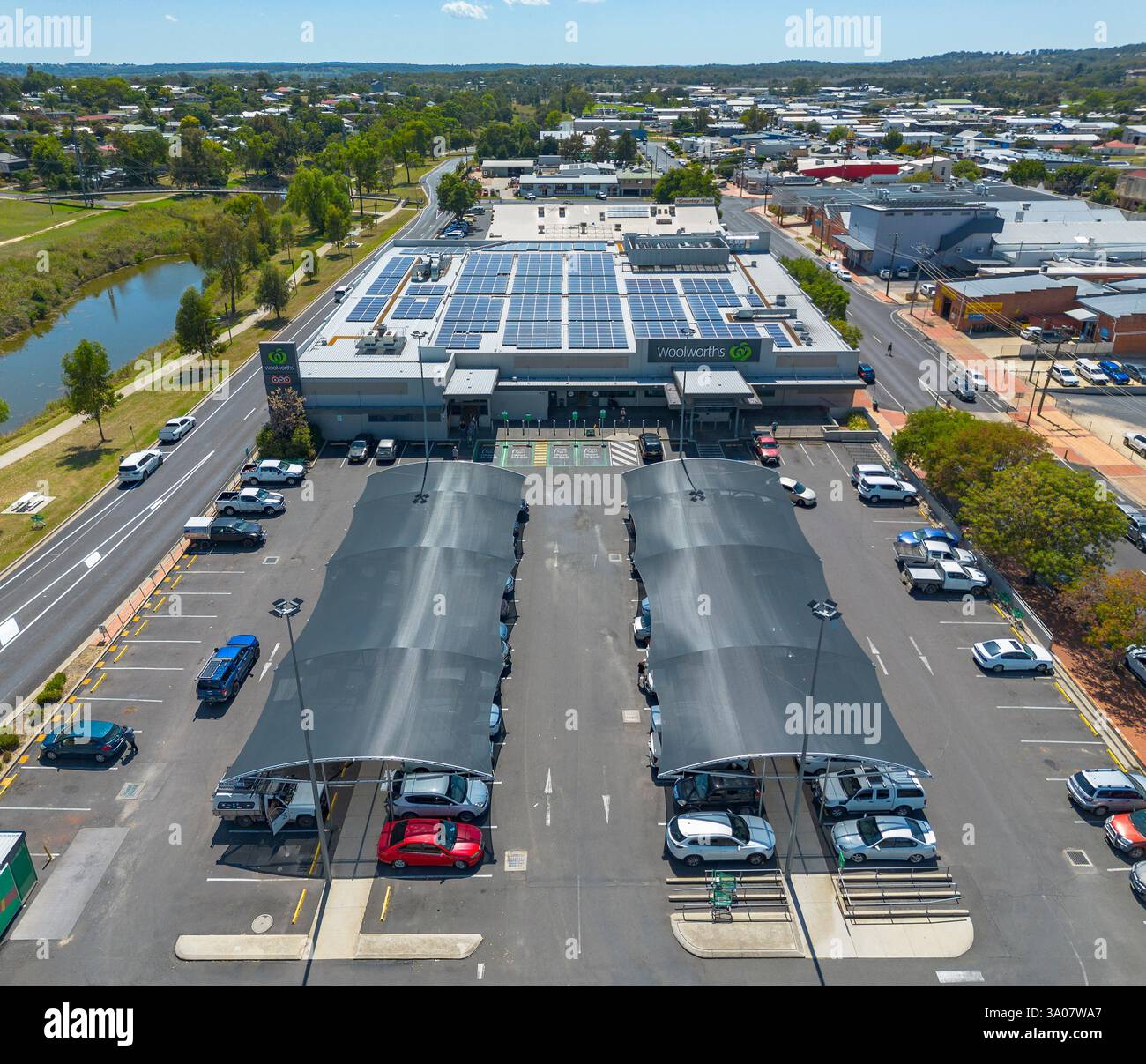 Aerial view of Woolworths supermarket in Inverell, New South Wales ...