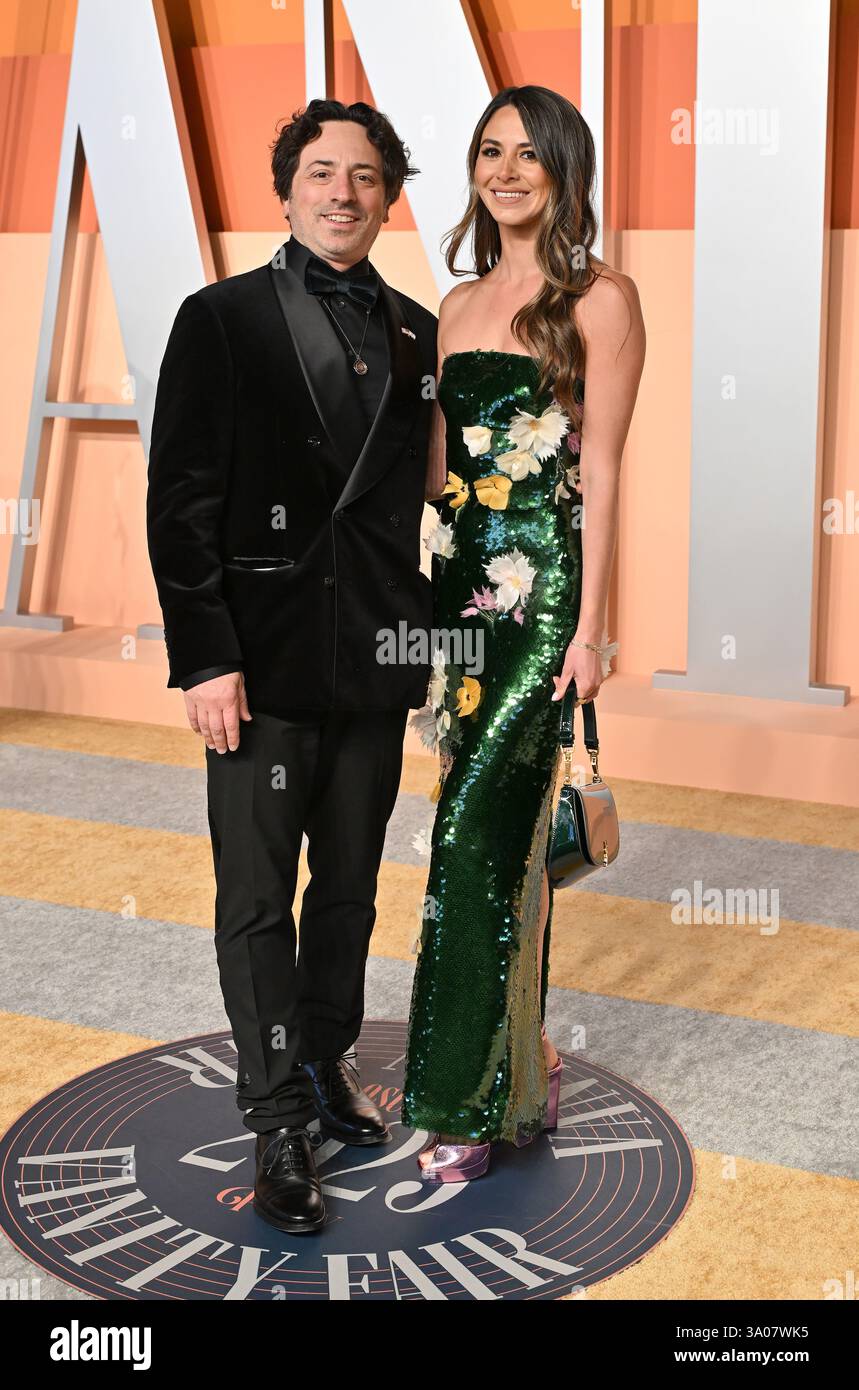 Sergey Brin and Gerelyn Gilbert-Soto arriving at the Vanity Fair Oscar Party held at the Wallis ...