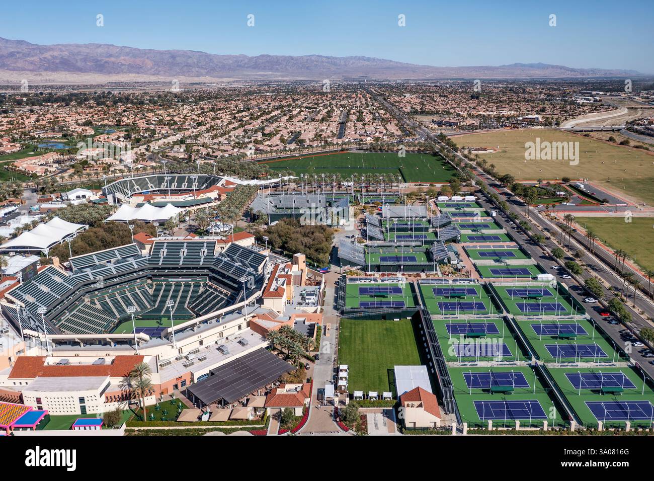 Aerial view of the stadium and hardcourts of the Indian Wells Tennis ...