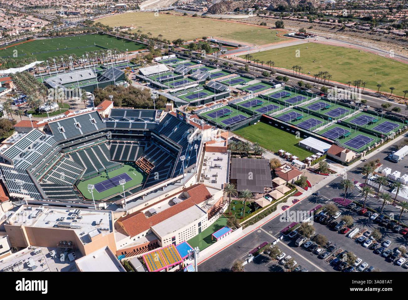 Aerial view of the stadium and hardcourts of the Indian Wells Tennis ...