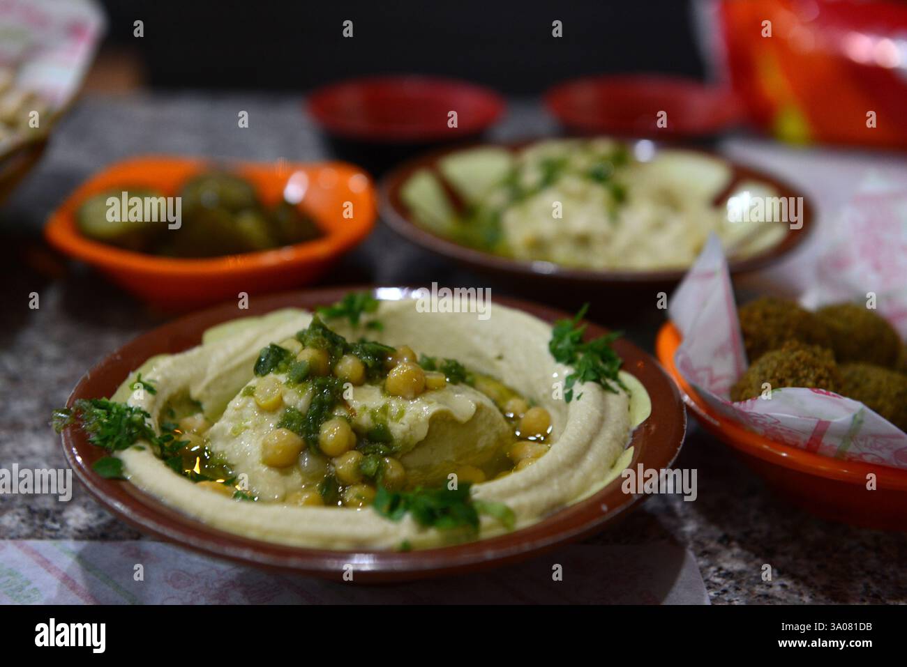 Traditional Jordanian breakfast- Hummus, Falafel and Pita bread served ...
