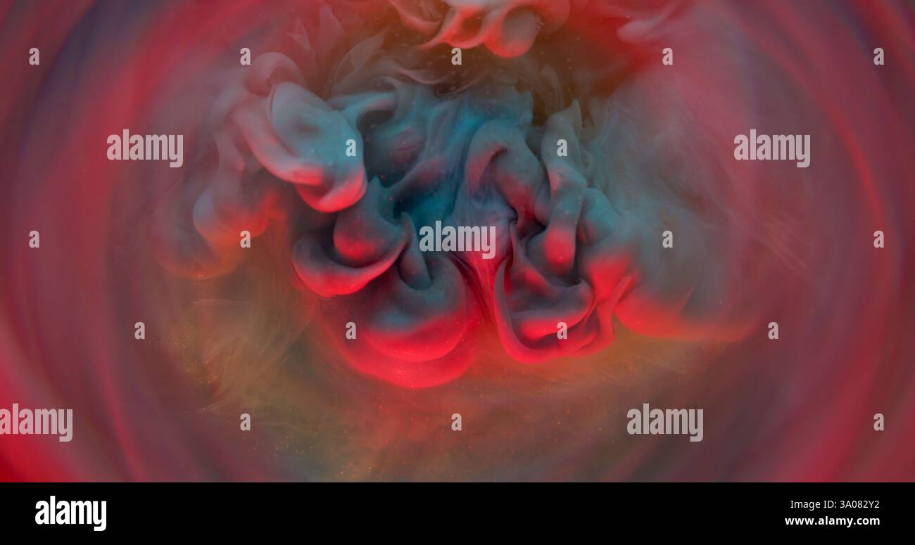 Ink fume. Vapor flow. Defocused red gray color wave spill on water ...