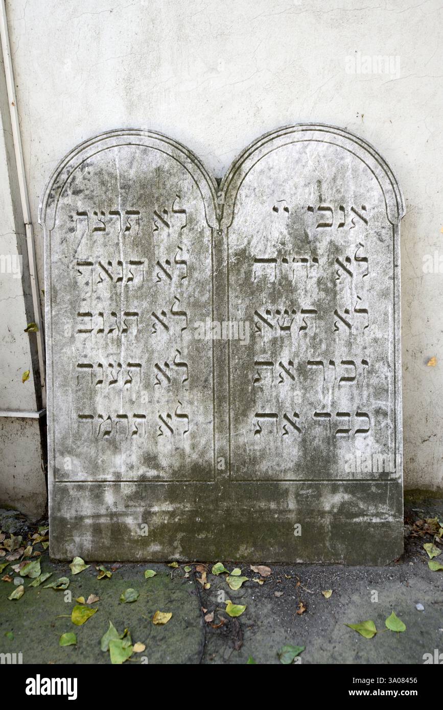 The Ten Commandments carved on a stone at the Sukat Shalom synagogue in ...