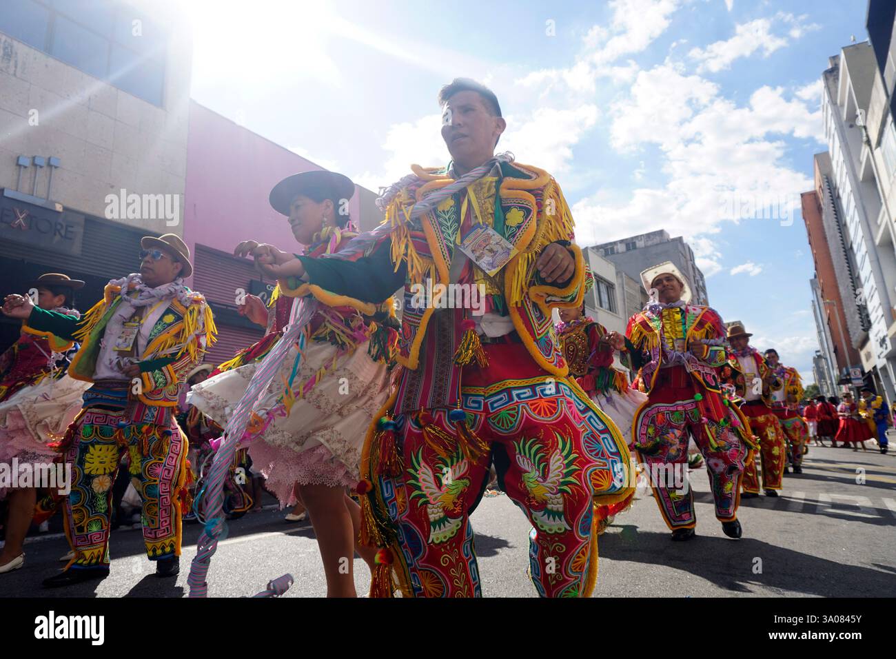 Bolivians Revelers dancing during the annual street block party know as ...