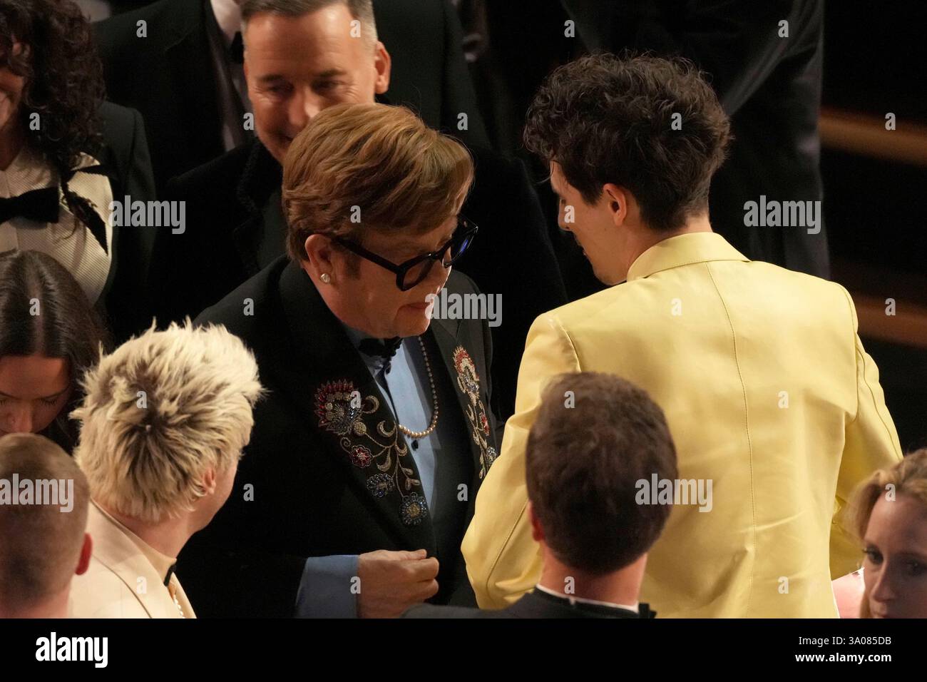 Elton John, left, and Timothee Chalamet in the audienceduring the ...